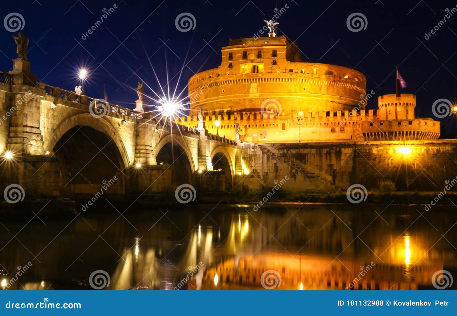 St.Angelo Bridge and Castle by Night, Rome, Italy Stock Photo - Image ...