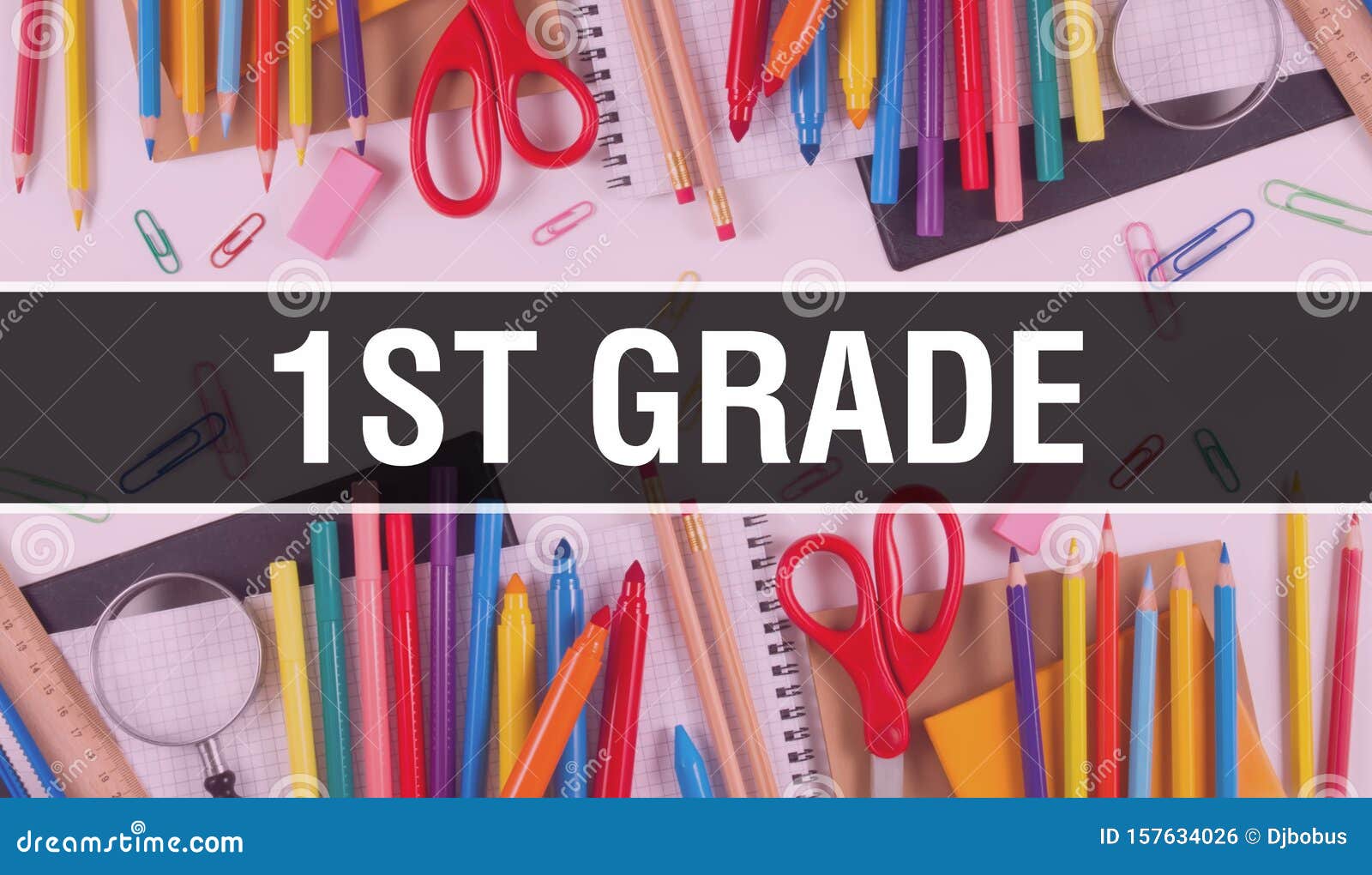 1st Grade with School Supplies on Blackboard Background. 1st Grade Text ...