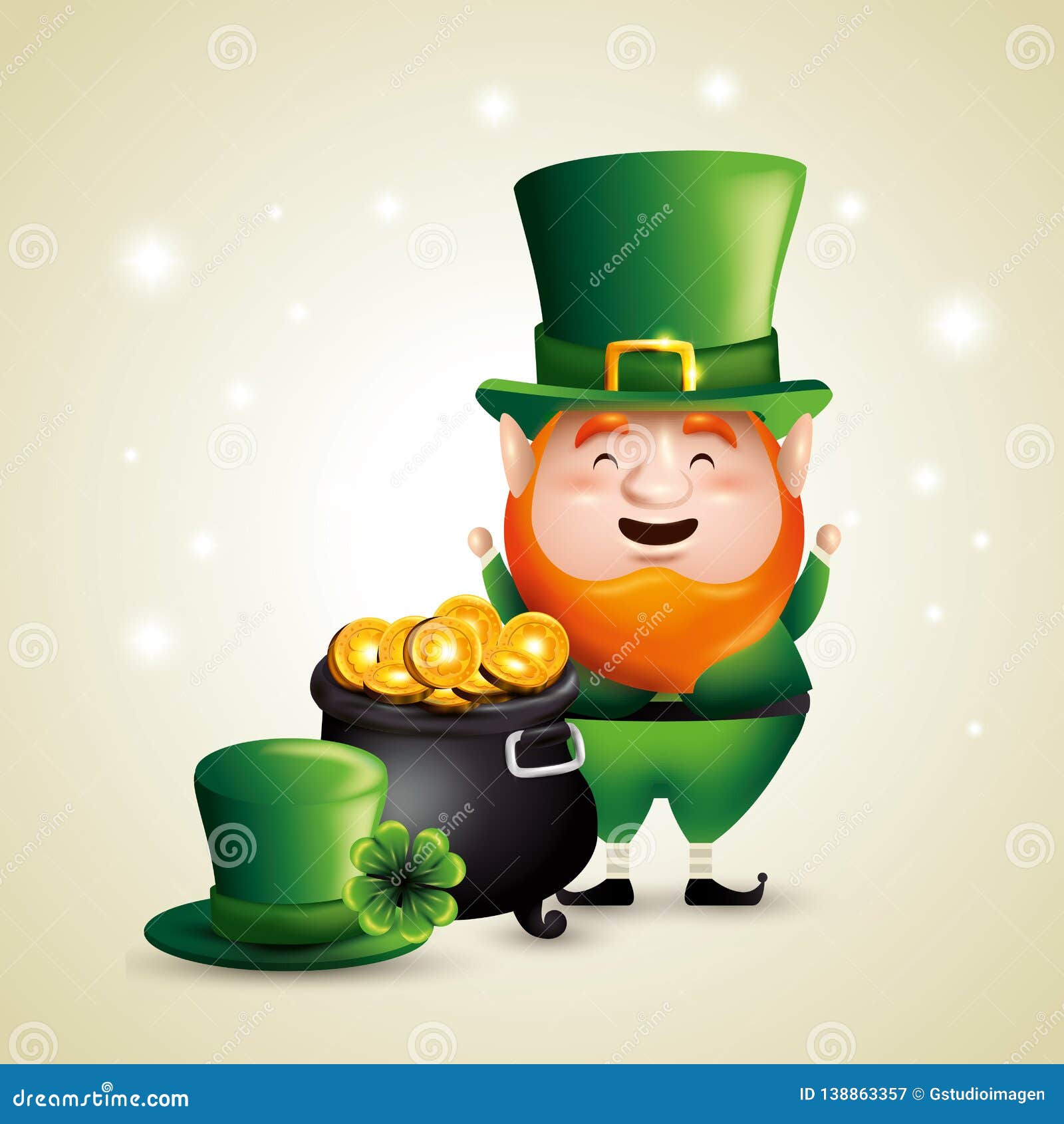 St Patrick Elf with Coins Inside Cauldron and Hat Stock Vector ...