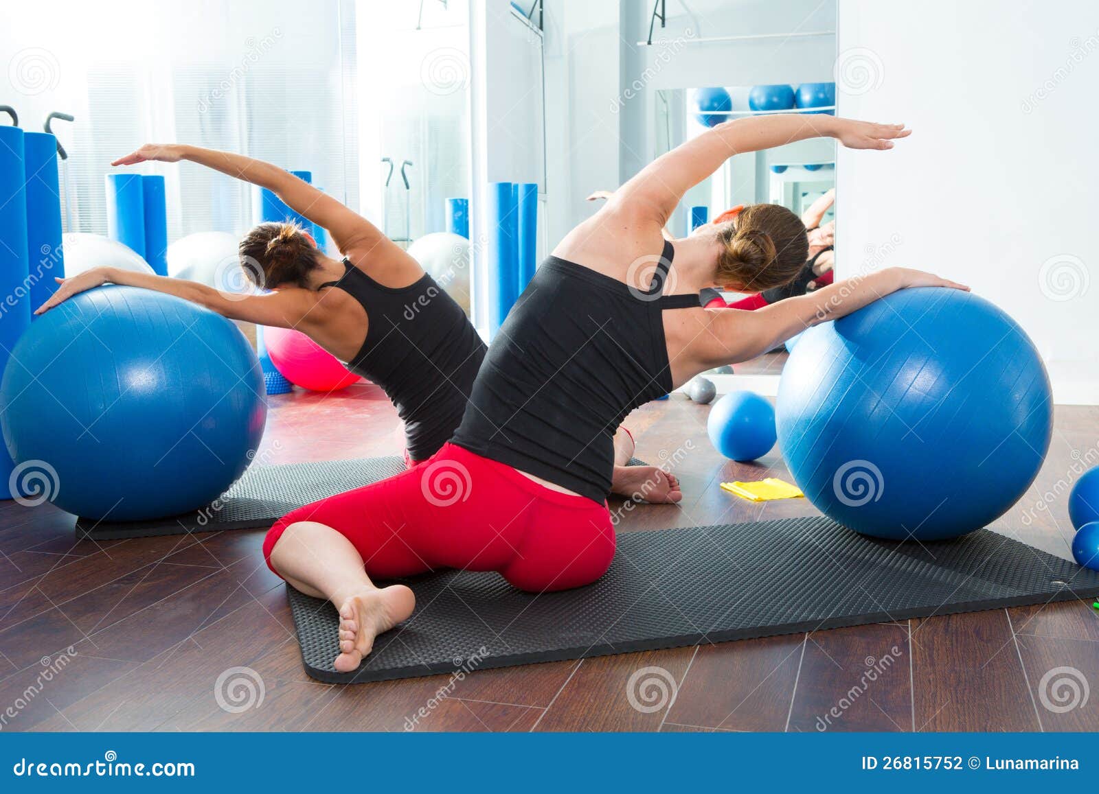 Stability Ball in Women Pilates Class Rear View Stock Photo - Image of ...