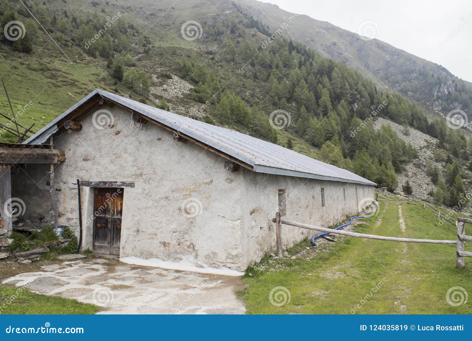 A Stable on a Mountain Full of Trees and Green Grass Stock Image ...