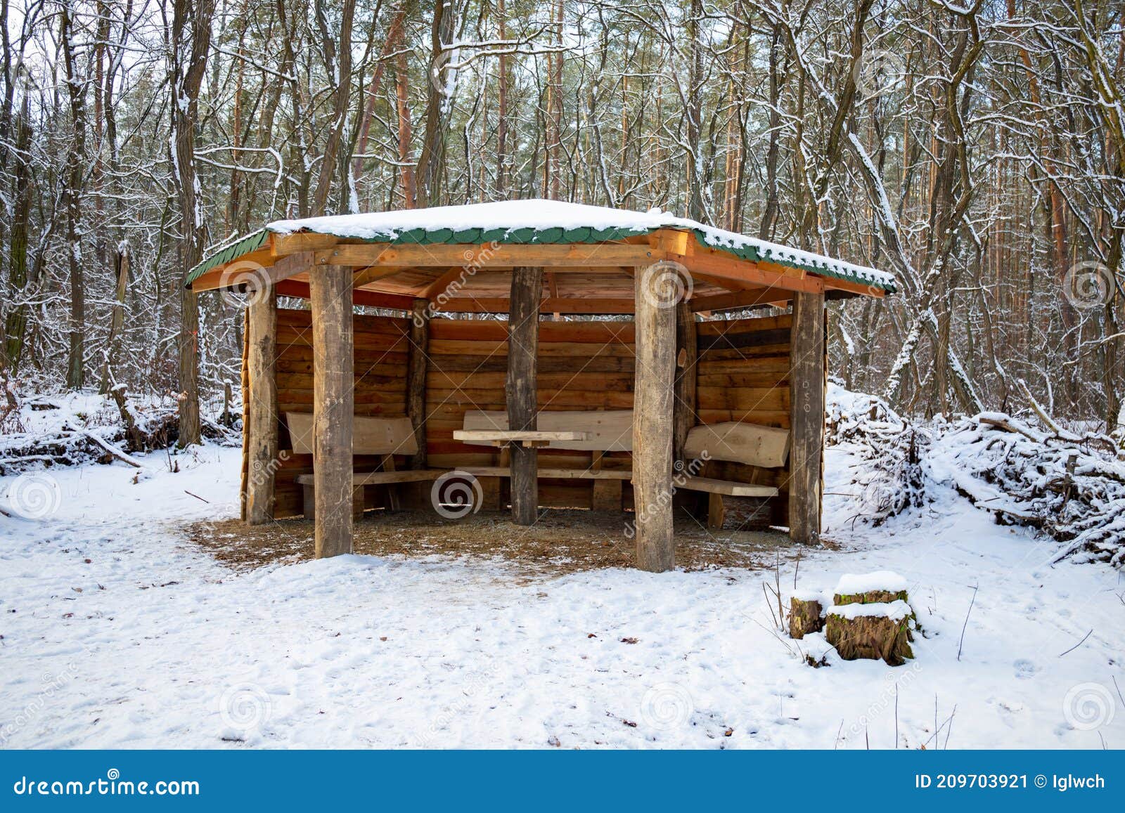 Stable Weather Protection Made of Wood in the Forest with Seating and ...