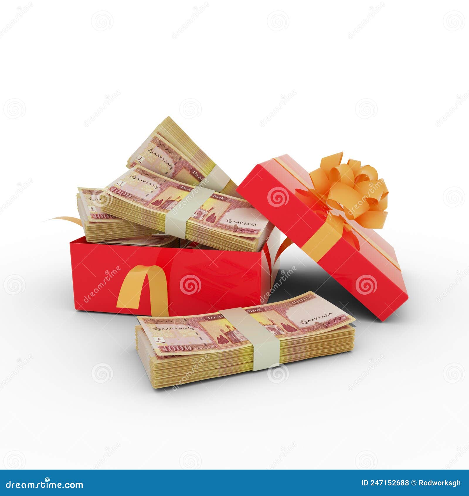 Stack of Afghan Afghanis Notes Inside an Open Red Gift Box. Bundles of ...