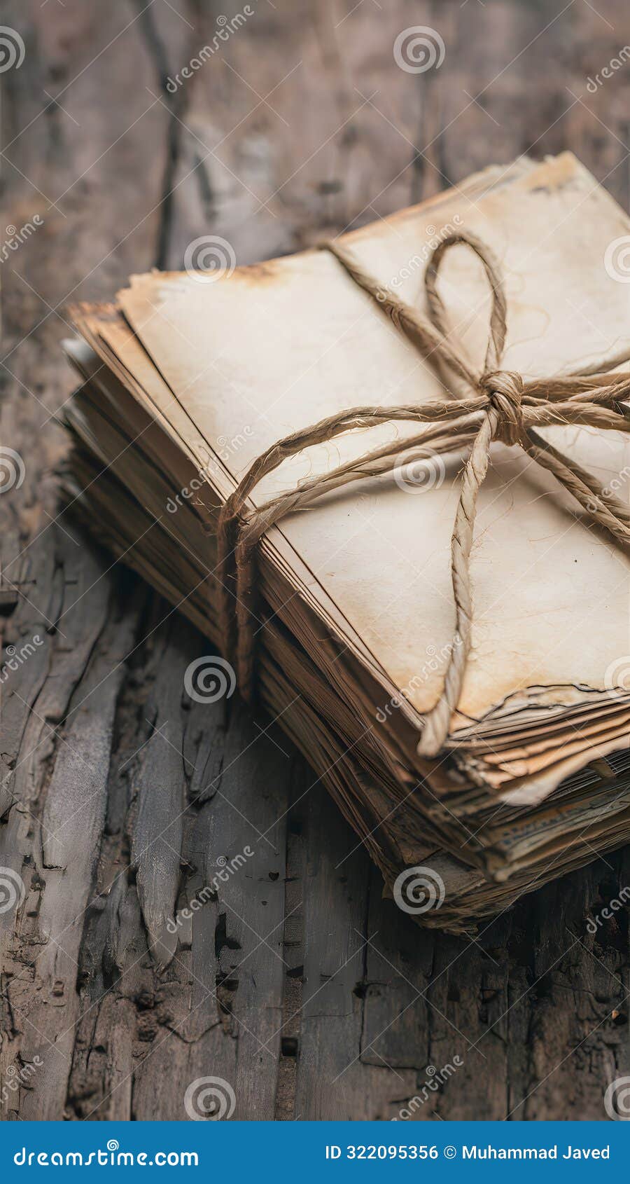 A Stack of Aged Papers Tied with Rustic String on Wooden Surface Stock ...
