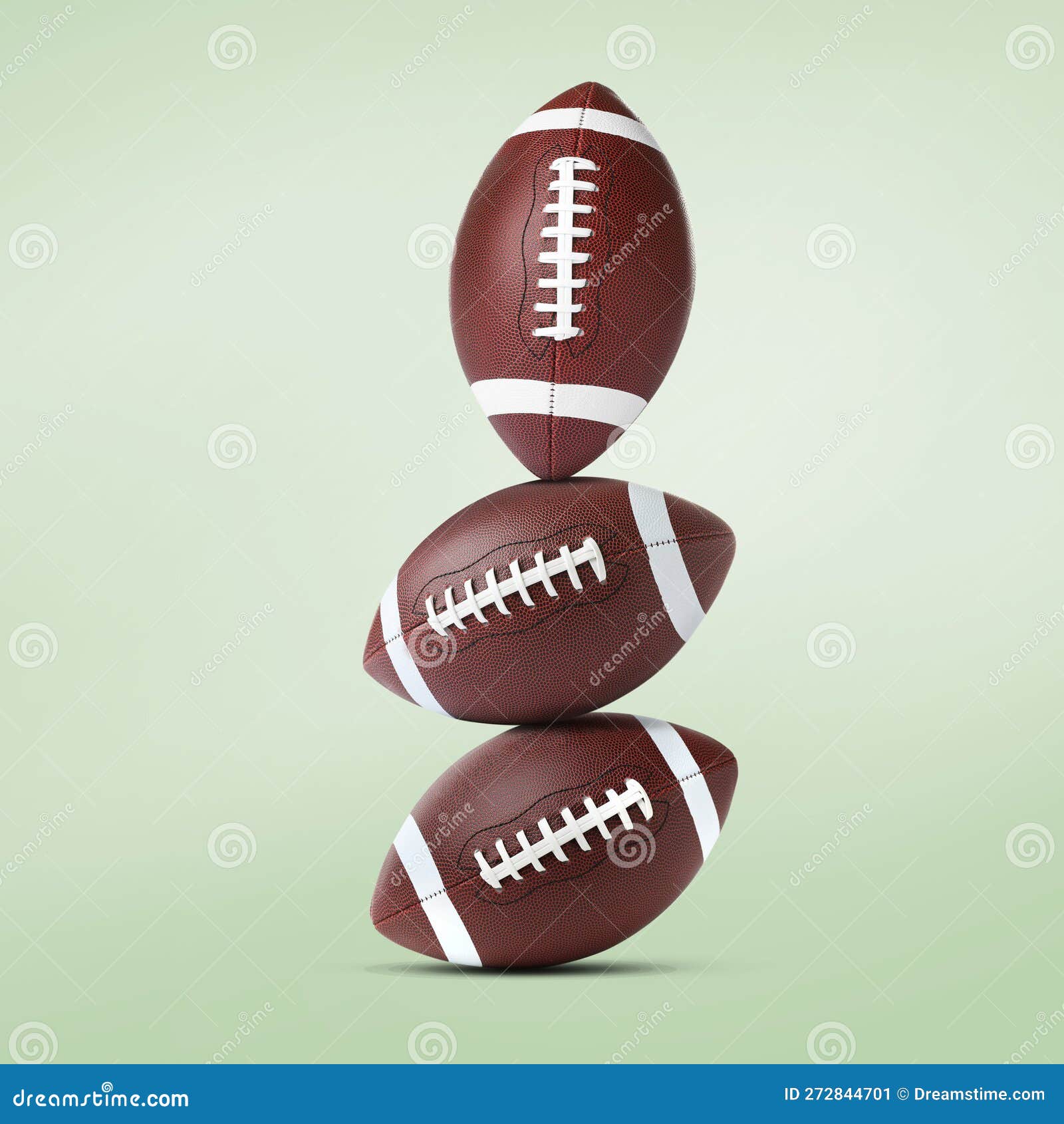 Stack of American Football Balls on Pale Light Green Background Stock ...