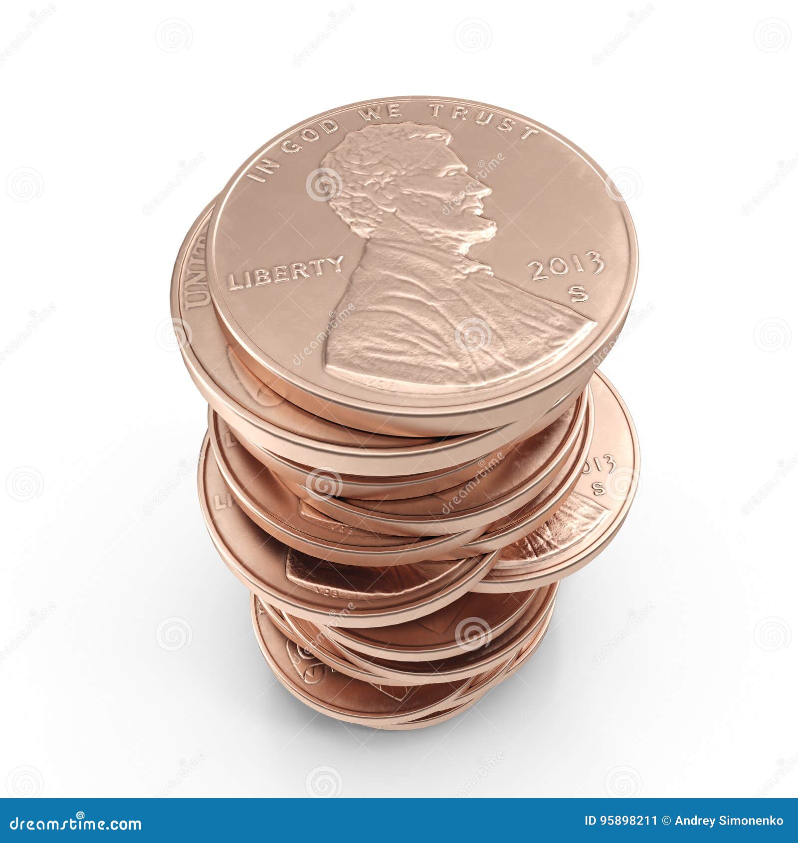 Stack Of Americans Penny Coins On A White. 3D Illustration, Clipping ...
