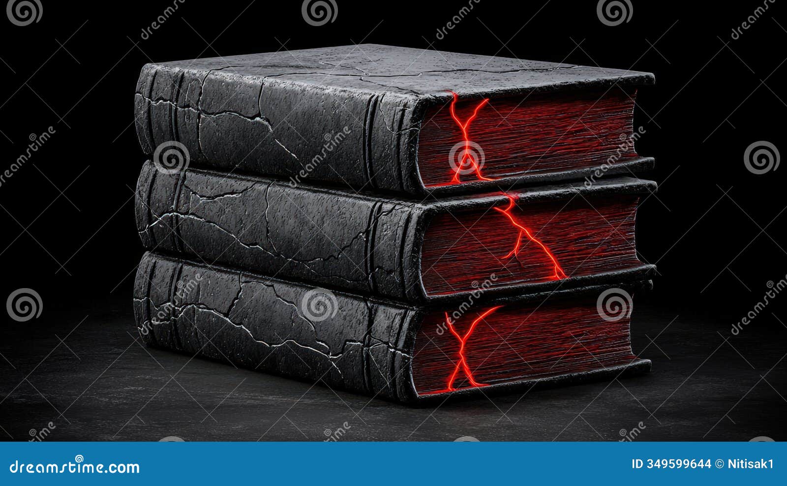 Stack of Ancient Mystical Books with Glowing Red Edges Black Background ...