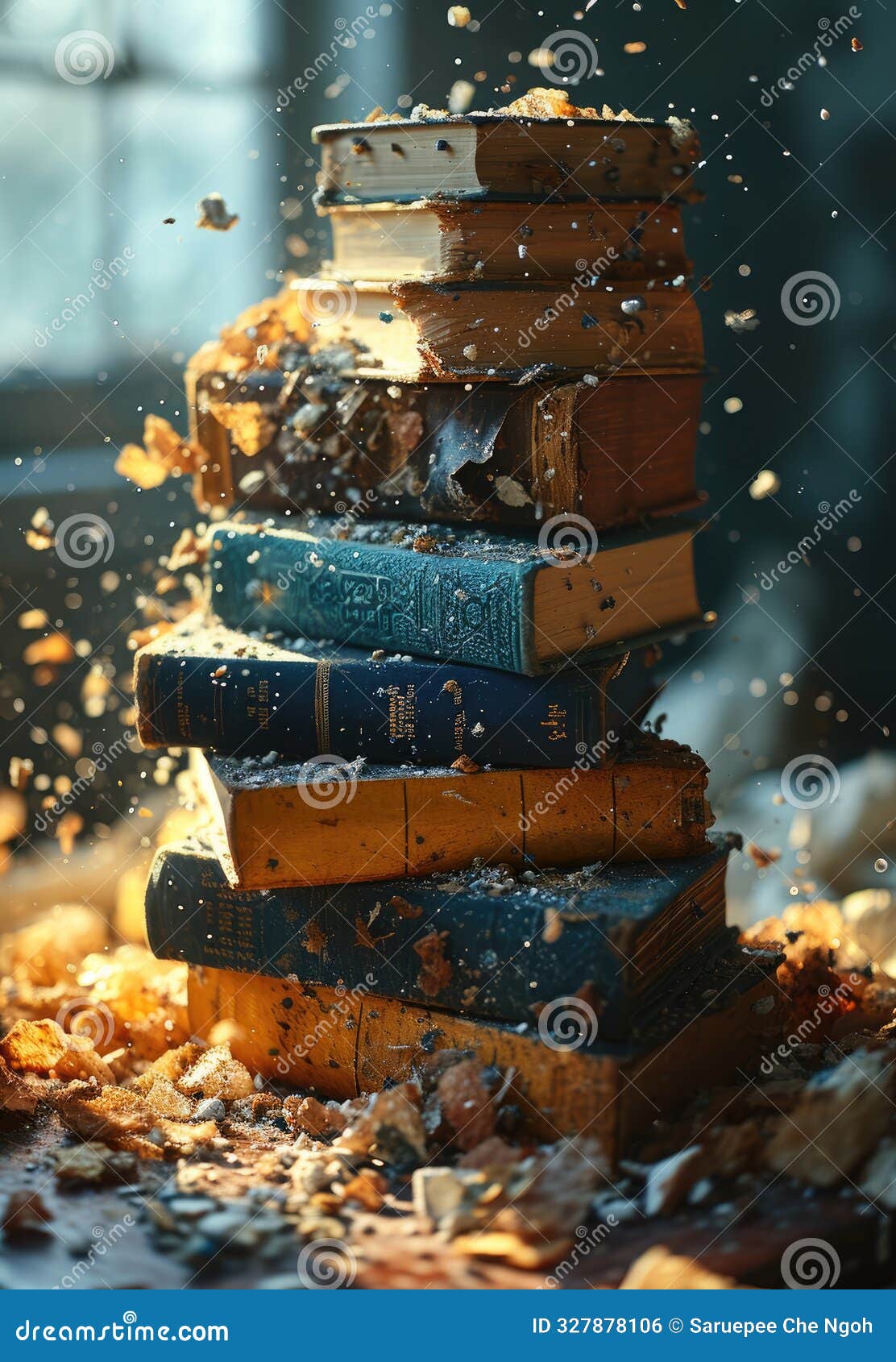 Stack of Antique Books with Dust Particles Floating Around, Evoking a ...