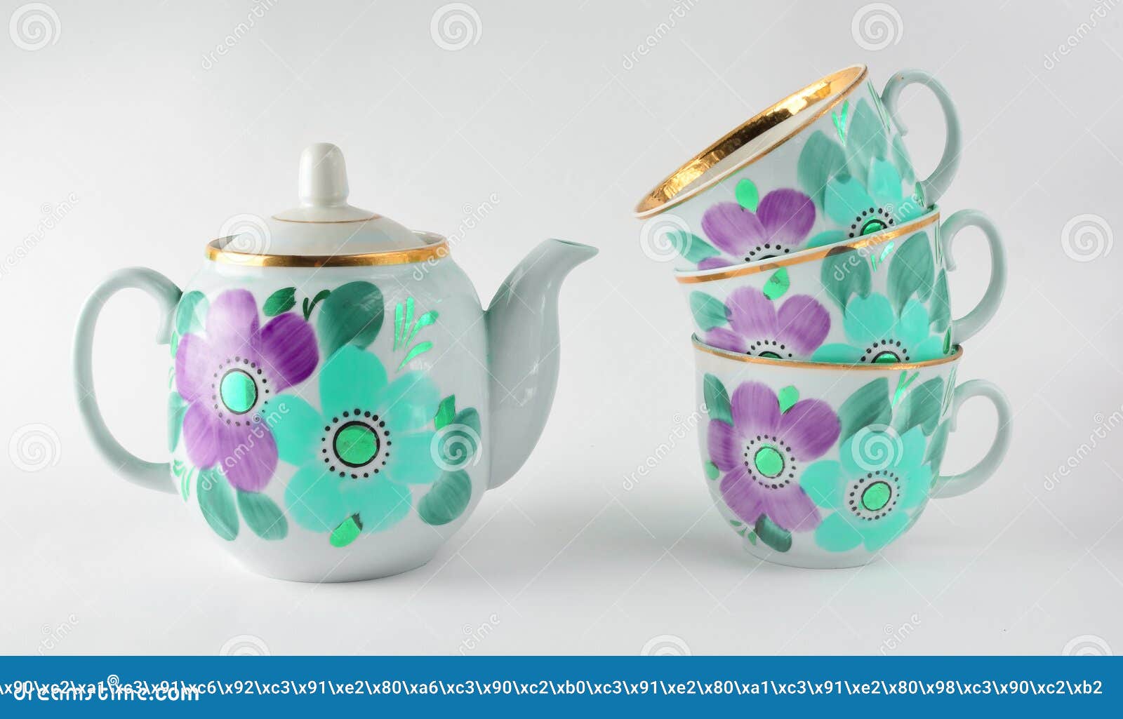 Stack of Antique Ceramic Cups, Teapot on a White Background. Stock ...