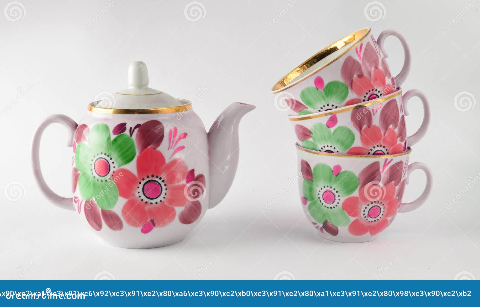 Stack of Antique Ceramic Cups, Teapot on a White Background. Stock ...