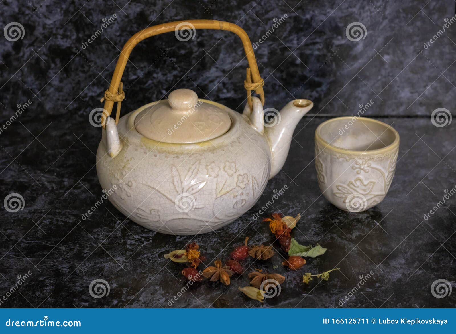 Stack of Antique Ceramic Cups, Teapot on a White Background Stock Image ...