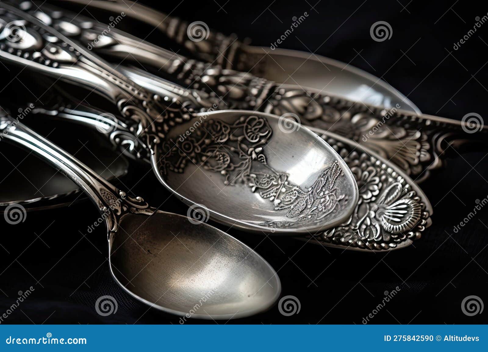 Stack of Antique Silver Spoons, with Textures and Patterns Visible in ...