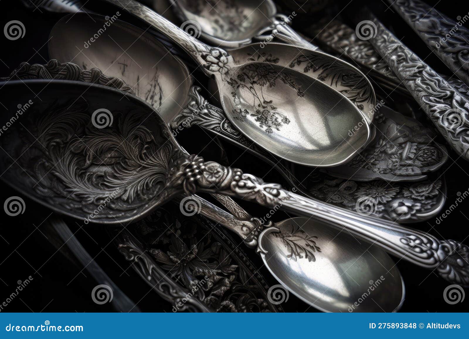 Stack of Antique Silver Spoons, with Textures and Patterns Visible in ...