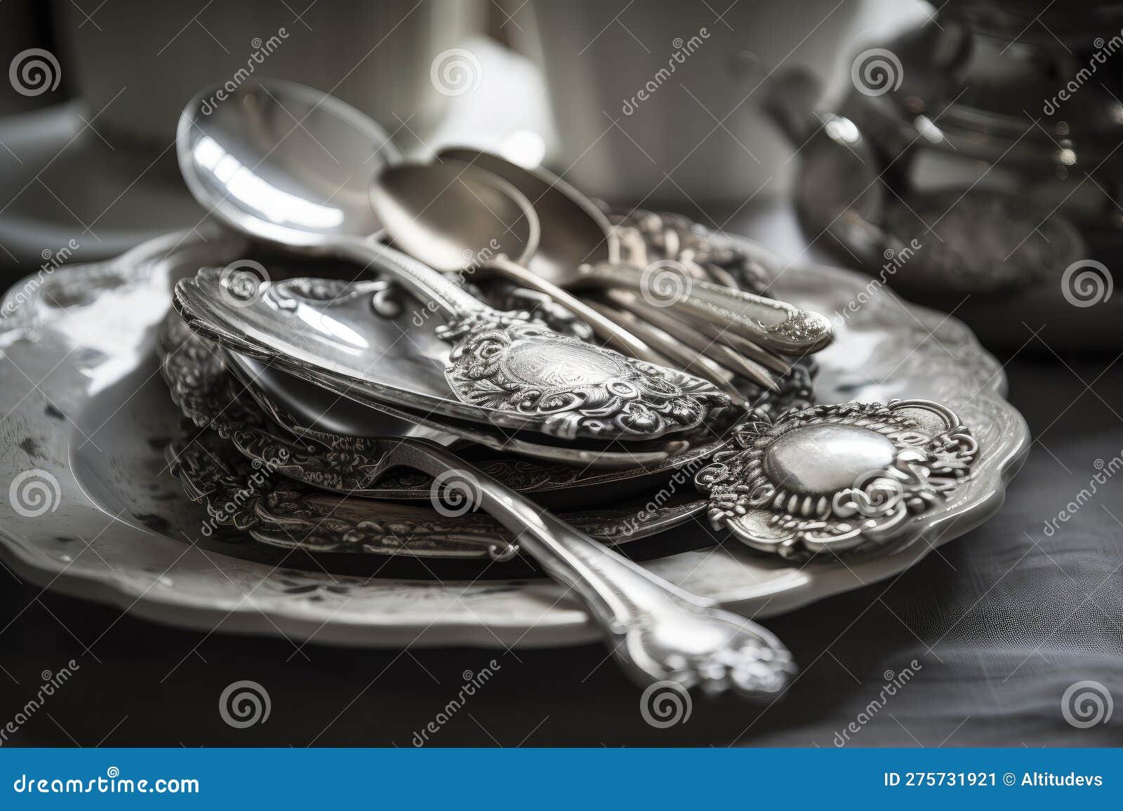 Stack of Antique Silver Spoons on White Plate, Ready for Use Stock ...
