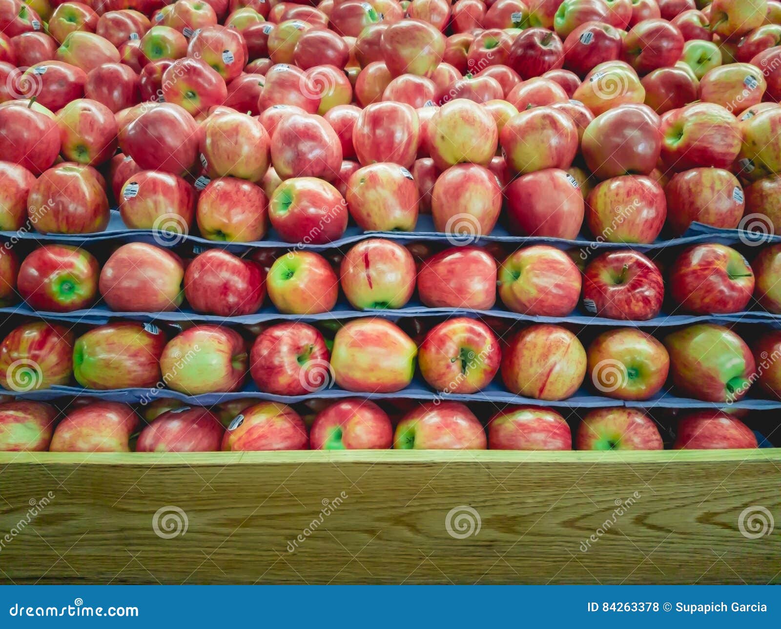 Stack of Apple on Fruit Shelf Stand with Wood for Copy Space at Stock ...