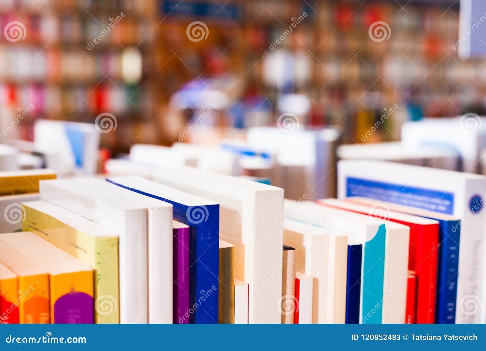 Stack of Books Lying on Table in Bookstore Stock Image - Image of ...