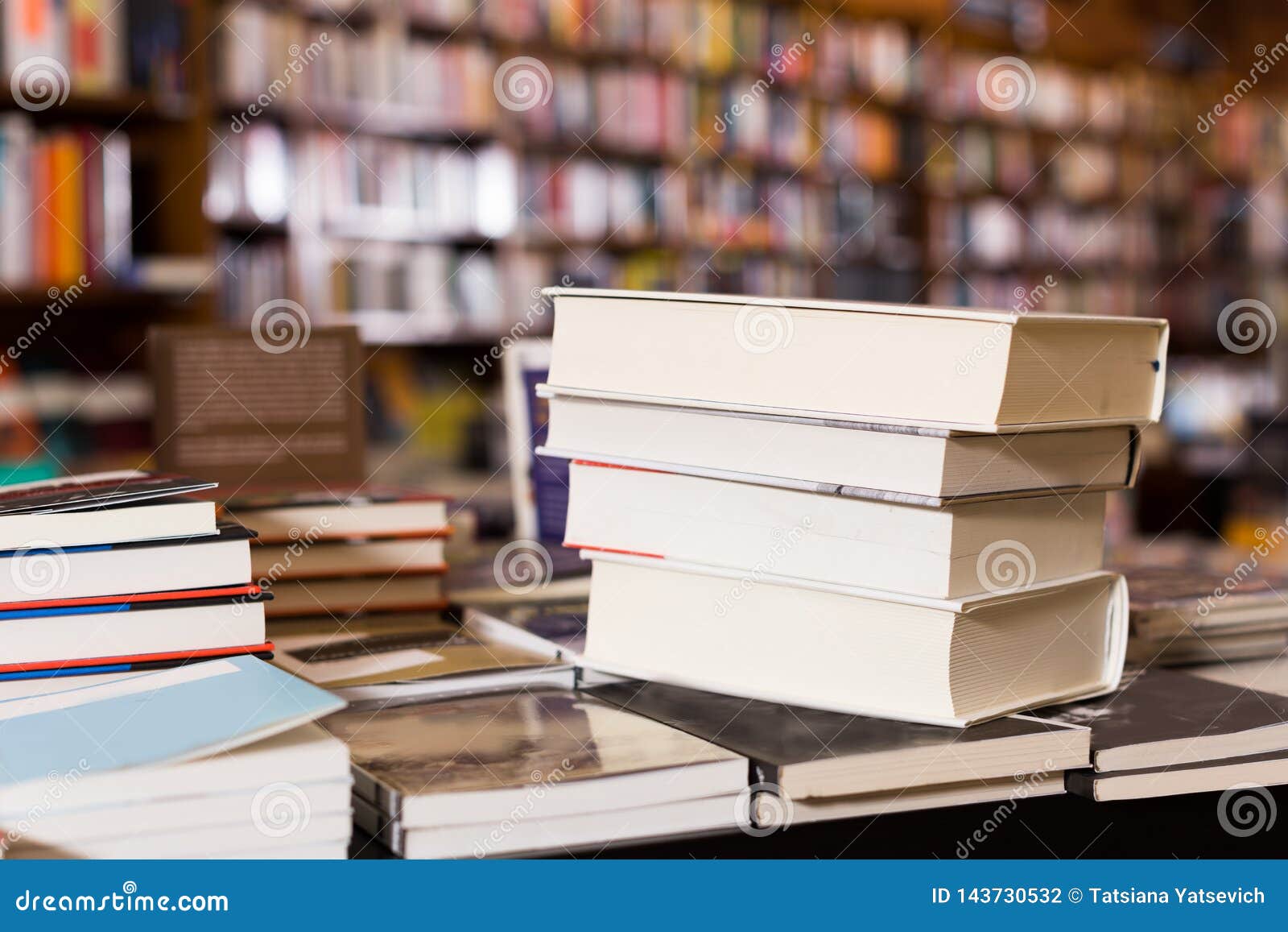 Stack of Books Lying on Table in Bookstore Stock Photo - Image of book ...