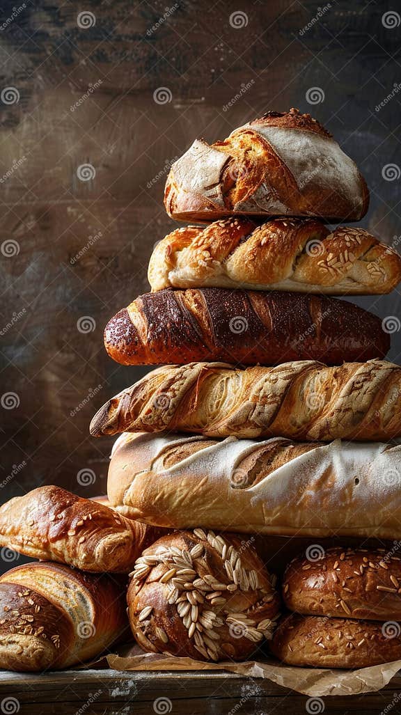 Stack of Artisan Bread Loaves Against Rustic Background Stock Photo ...
