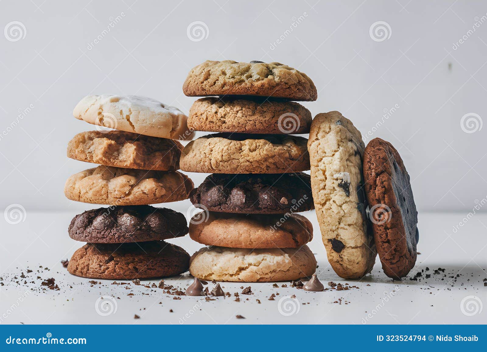 Stack of Assorted Cookies with Chocolate Chips, Crumbs on Plain White ...