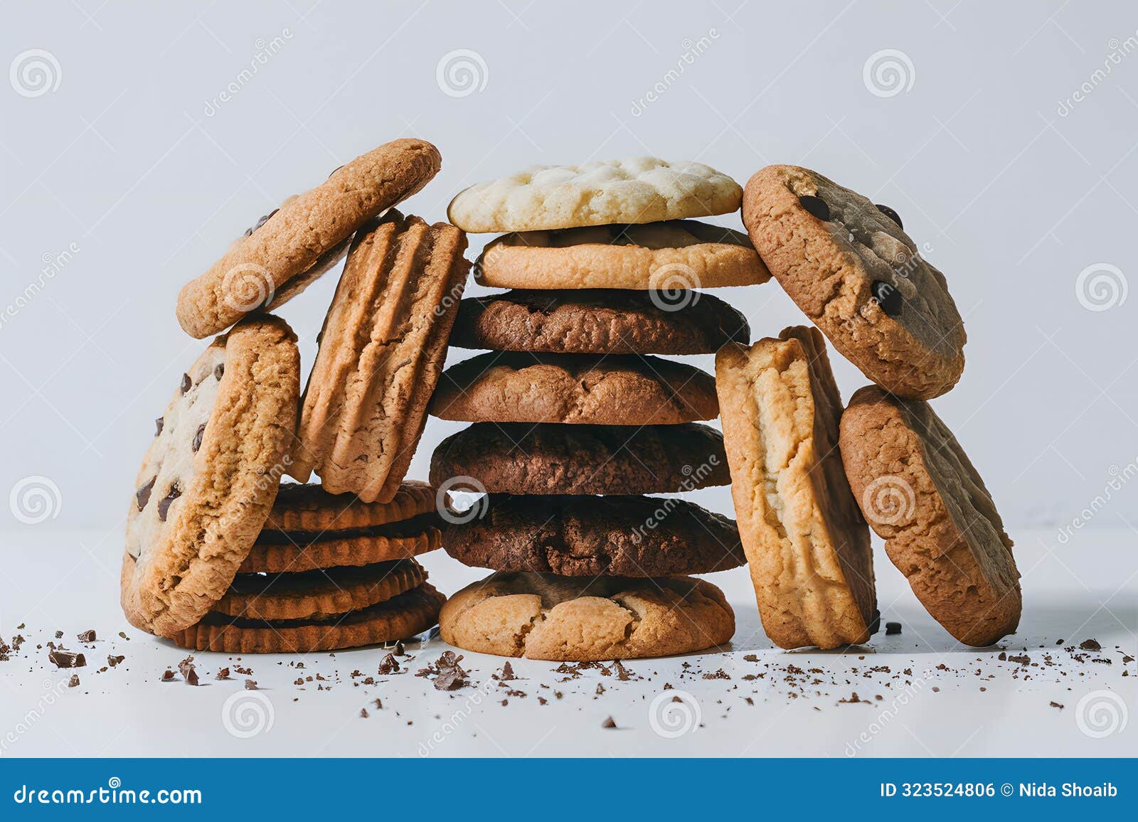 Stack of Assorted Cookies with Chocolate Chips, Crumbs on Plain White ...