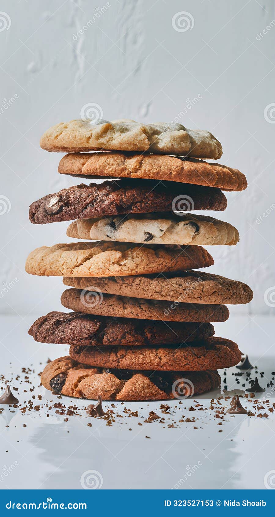 Stack of Assorted Cookies with Chocolate Chips, Crumbs on Plain White ...