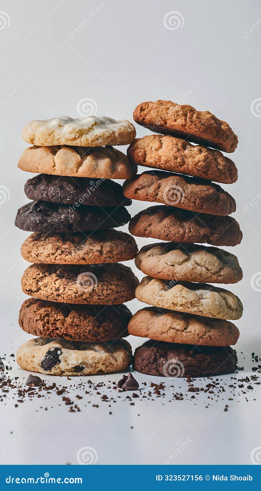 Stack of Assorted Cookies with Chocolate Chips, Crumbs on Plain White ...