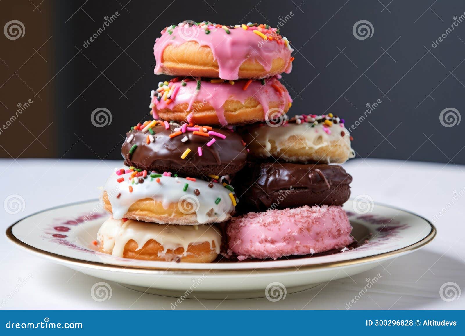 A Stack of Assorted Donuts on a Plain White Plate Stock Photo - Image ...
