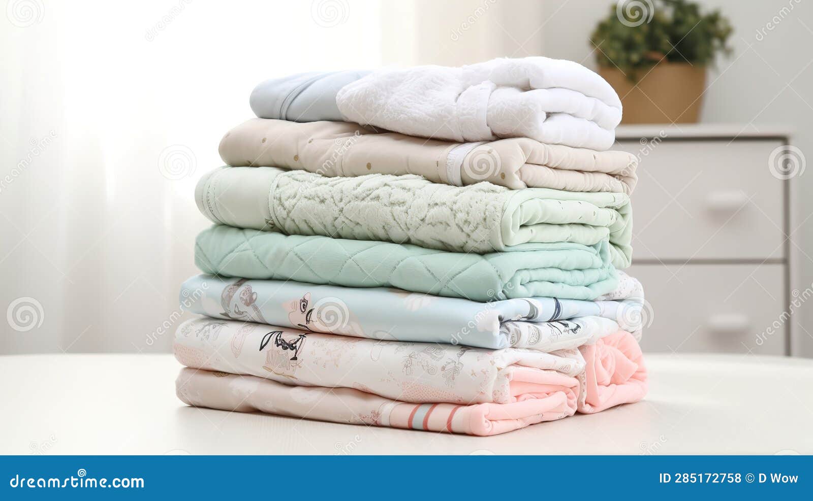 Stack of Baby Blankets and Bedspreads Folded Close-up on a Light ...