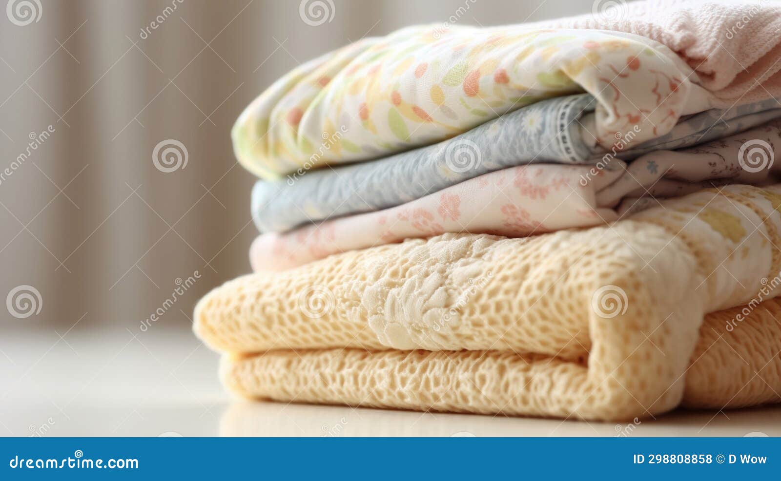 Stack of Baby Blankets and Bedspreads Folded Close-up on a Light ...
