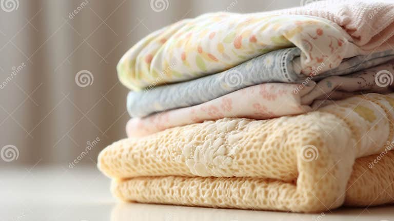 Stack of Baby Blankets and Bedspreads Folded Close-up on a Light ...