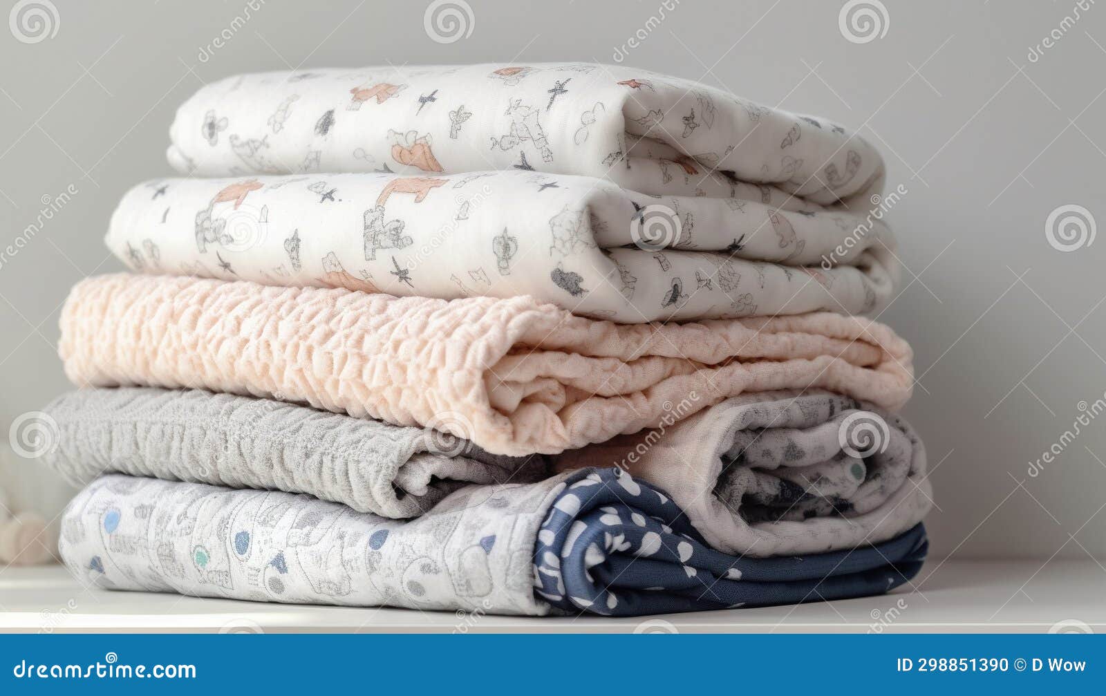 Stack of Baby Blankets and Bedspreads Folded Close-up on a Light ...