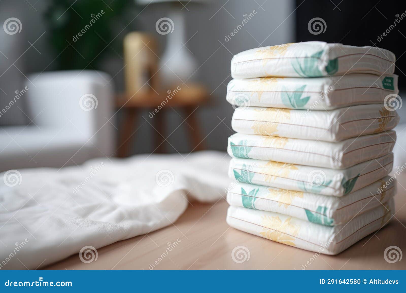 Stack of Baby Diapers Next To a Pack of Maternity Pads Stock Photo ...