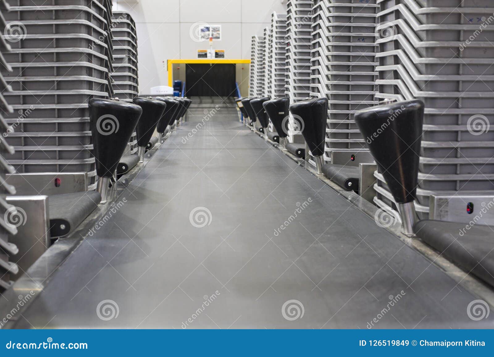 Stack of Baggage Tray at beside of Conveyor Belt ,ready for Chec Stock ...
