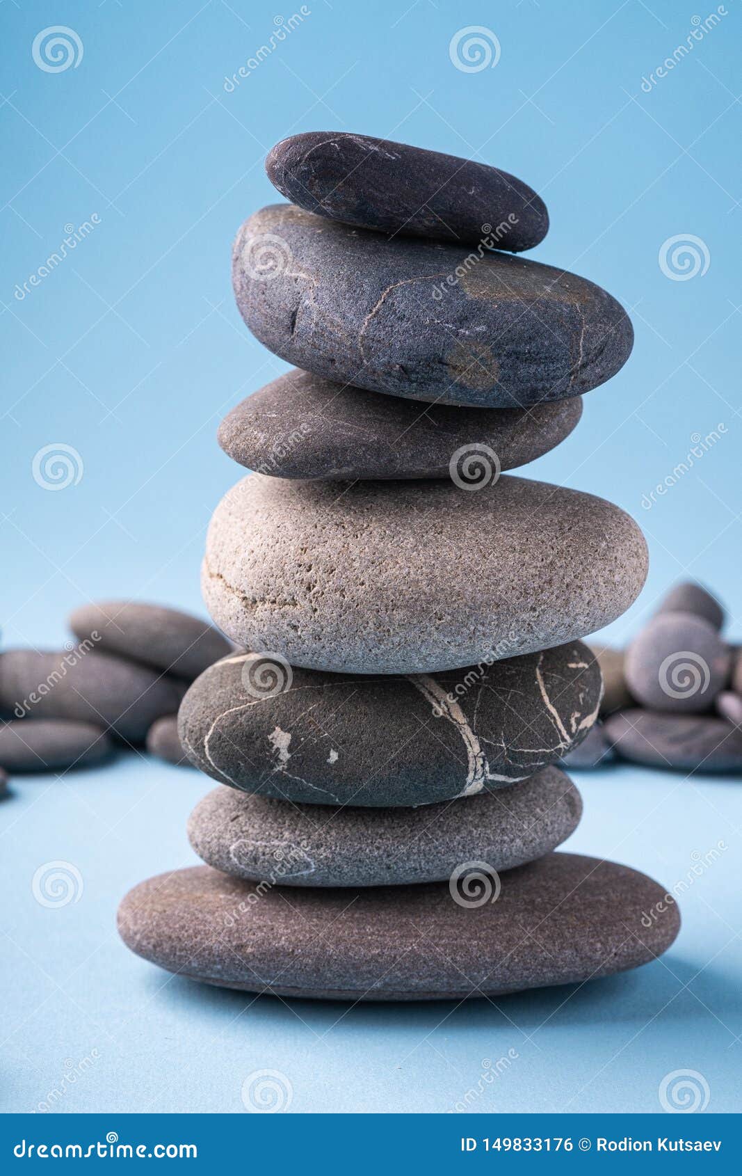 Stack Balance of Pebbles Calm Therapy on Blue Background Stock Photo ...