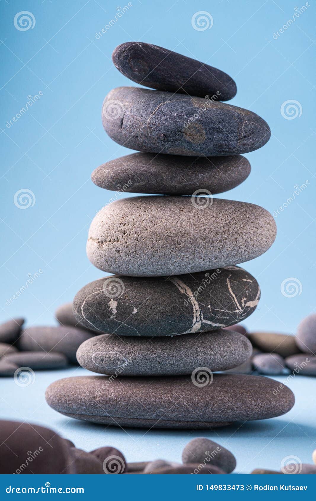Stack Balance of Pebbles Calm Therapy on Blue Background Stock Image ...