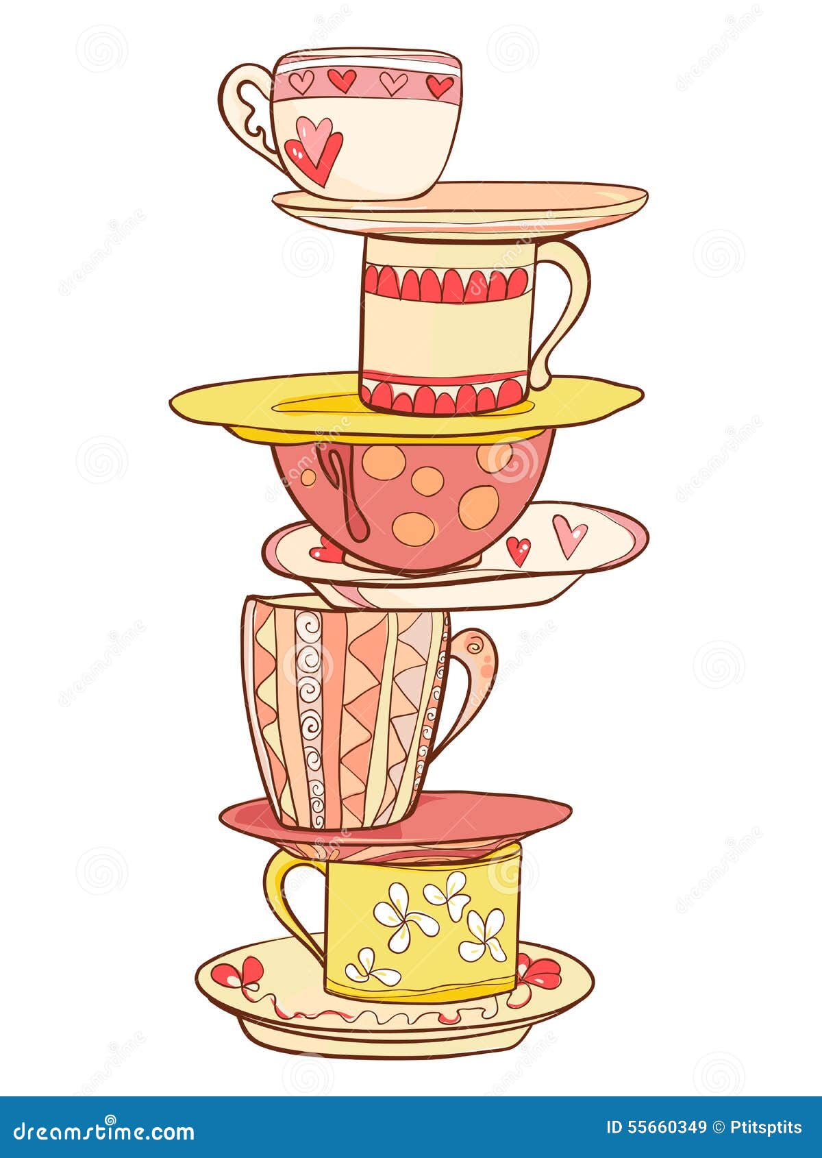 A Stack of Beautiful Cups and Mugs with Saucers in Warm Colors Stock ...