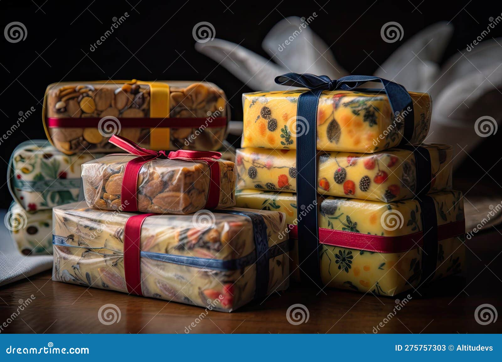 Stack of Beautifully Wrapped Fruit Cakes, Ready To Be Given As Gifts ...