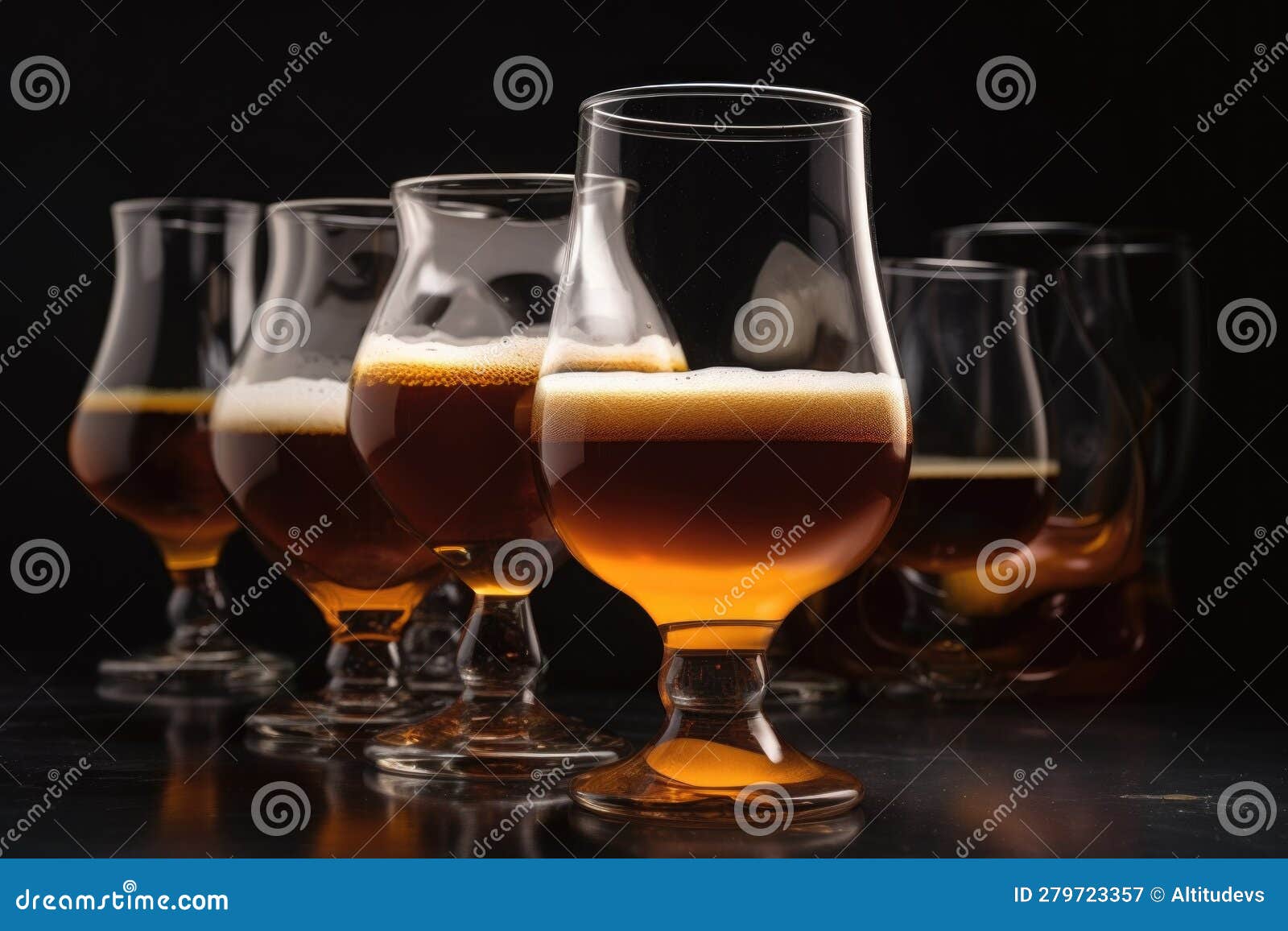 Stack of Beer Glasses with Foamy Head and Rich Amber Liquid Stock ...
