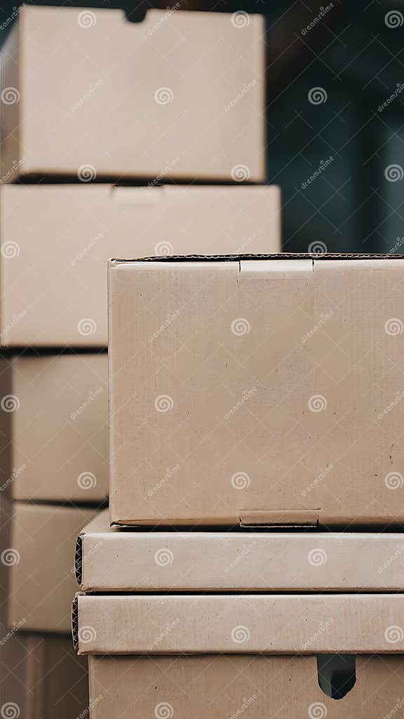 Stack of Beige Boxes with Logo Sticker, Blurred Background Emphasizes ...