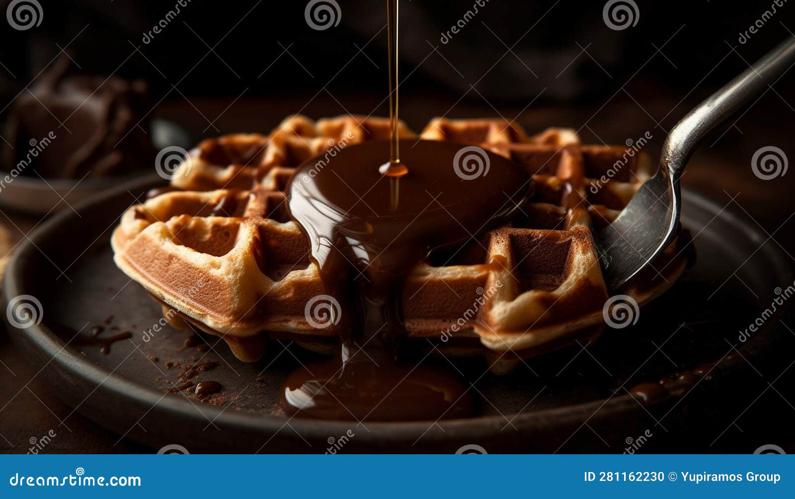 Stack of Belgian Waffles with Chocolate Sauce Pouring Over Them ...