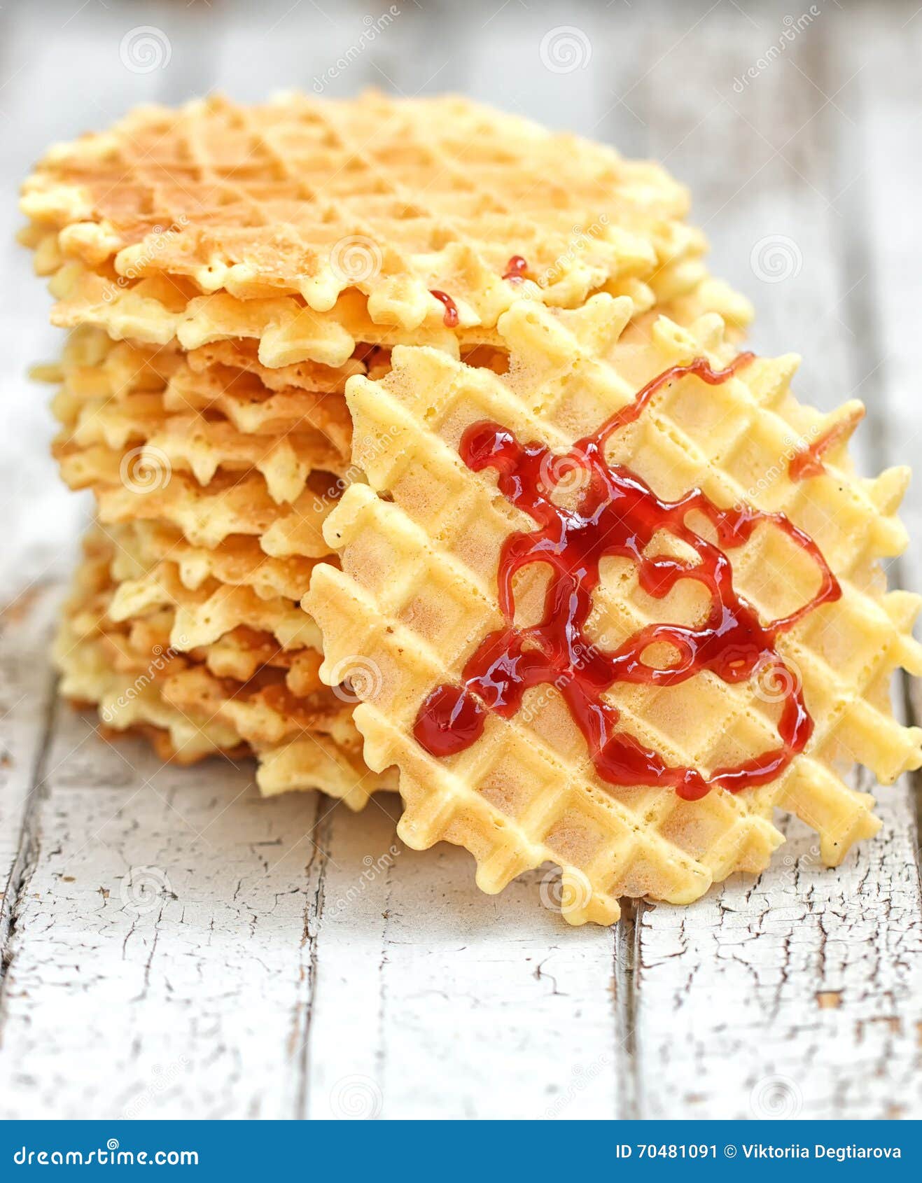 Stack of Belgian Waffles with Jam on a Wooden Background Stock Image ...