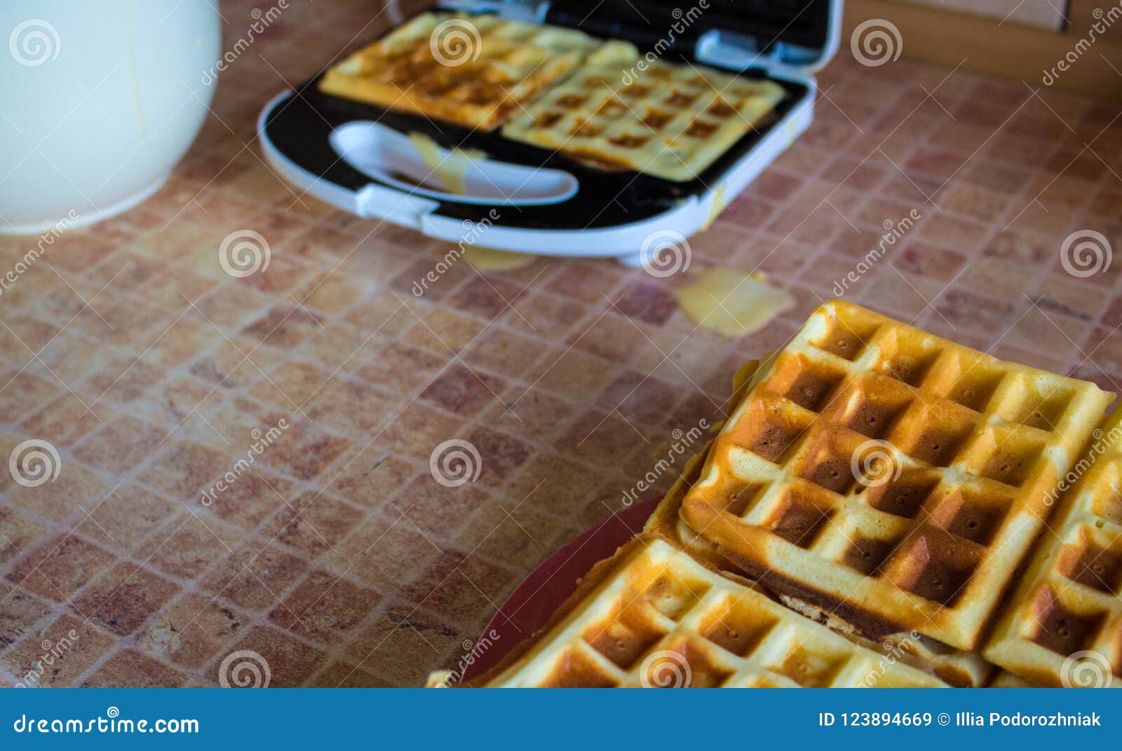 A Stack Belgian Waffles on a Plate and in Wafer Stock Image - Image of ...