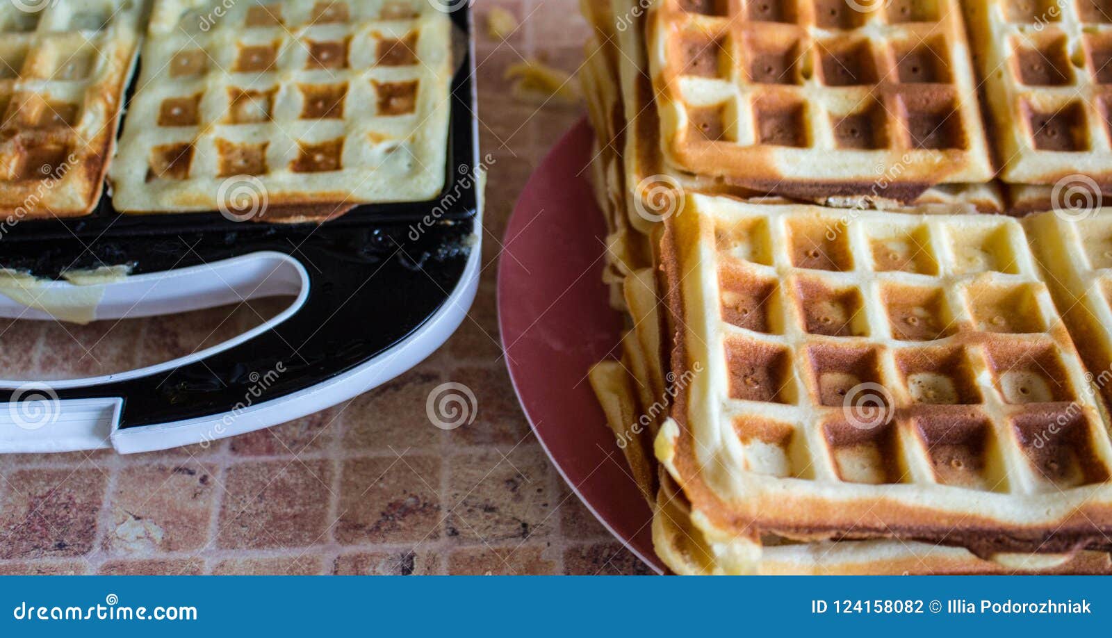 A Stack Belgian Waffles on a Plate and in Wafer Stock Photo - Image of ...