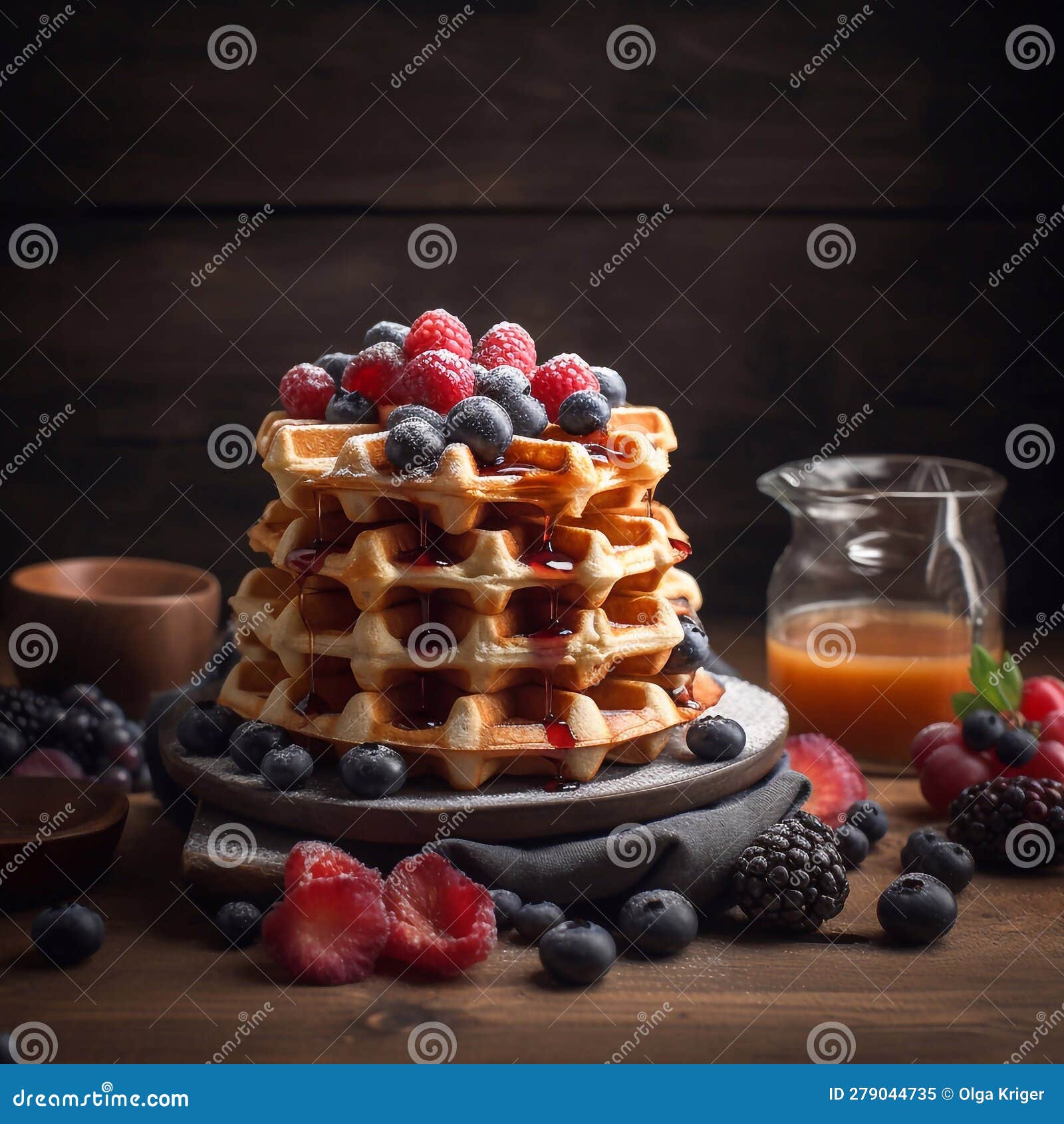 Stack of Belgian Waffles with Syrup, for Breakfast Stock Illustration ...