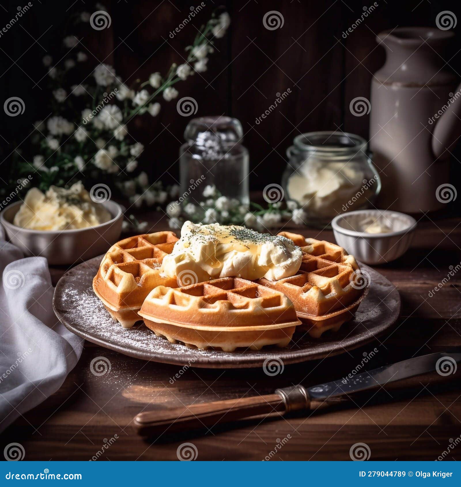 Stack of Belgian Waffles with Syrup, for Breakfast Stock Illustration ...