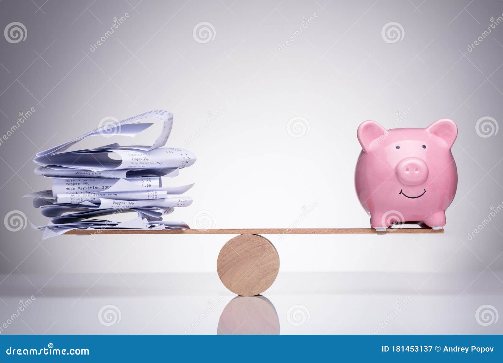 Stack of Bills and Piggy Bank on Scale Stock Image - Image of invoice ...