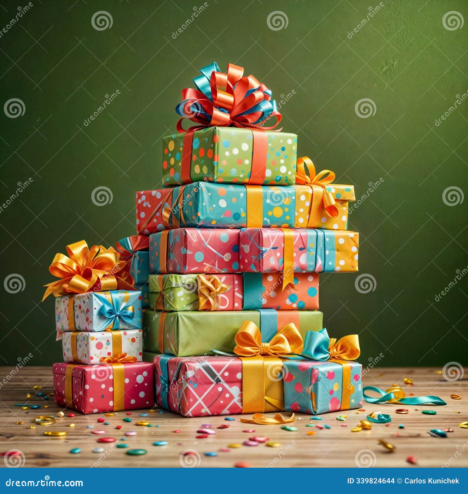 A Stack of Birthday Presents Tied with Bows in Bright Wrapping Paper ...