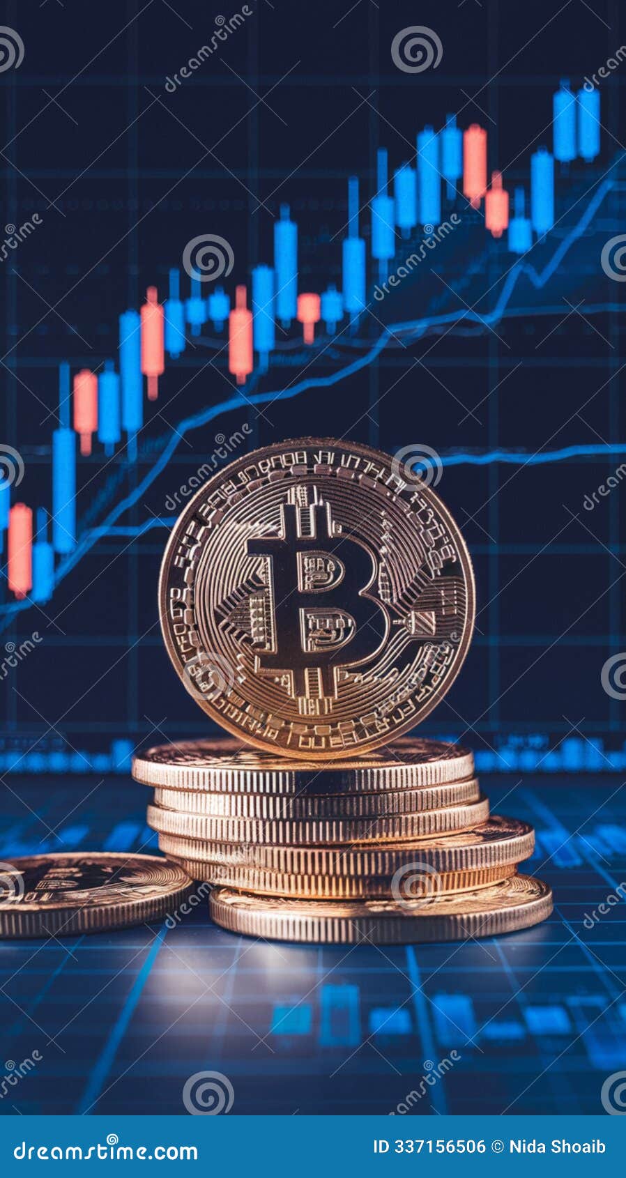 Stack of Bitcoin Coins with Blue Red Candlestick Chart in Digital ...