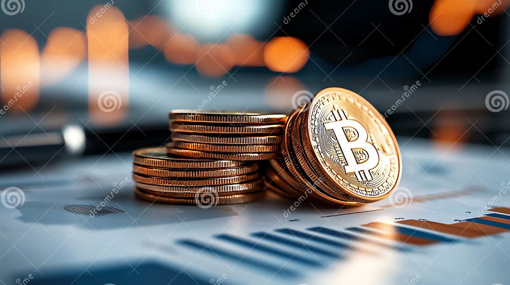 Stack of Bitcoin Coins on Financial Chart with Blurred Background Stock ...