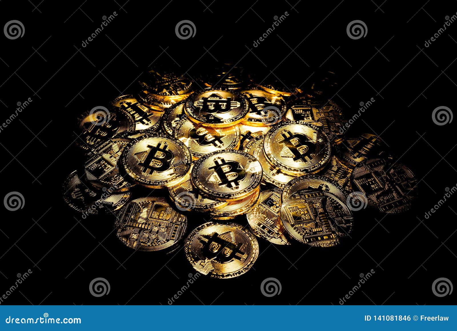 Stack of bitcoins on black stock photo. Image of global - 141081846